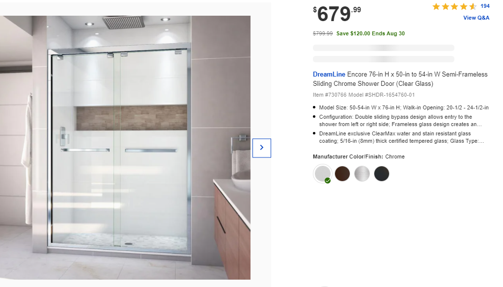 DreamLine Encore 76-in H x 50-in to 54-in W Semi-Frameless Sliding Chr ...