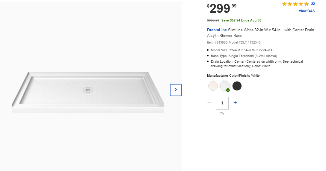 DreamLine SlimLine White 32-in W x 54-in L with Center Drain Acrylic S ...