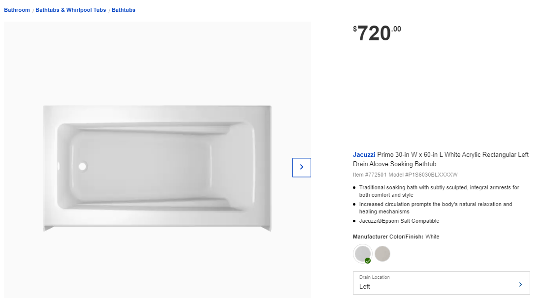 Jacuzzi Primo 30-in W x 60-in L White Acrylic Rectangular Left Drain A ...